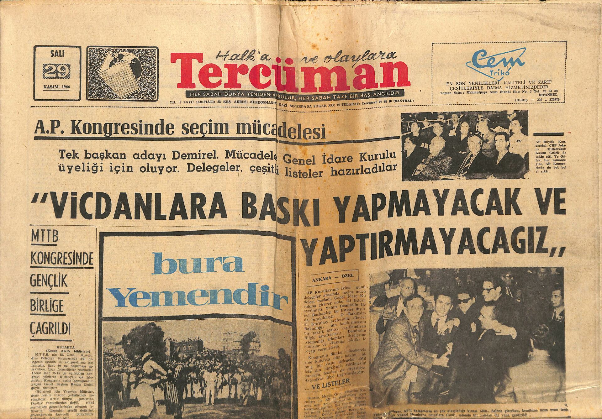 Tercüman Gazetesi 29 Kasım 1966 Genç Kızlar Zeki Müreni Kalbinden